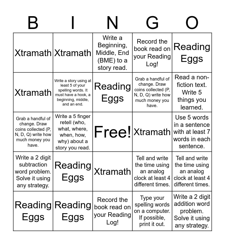 BINGO Homework for the month of October Bingo Card
