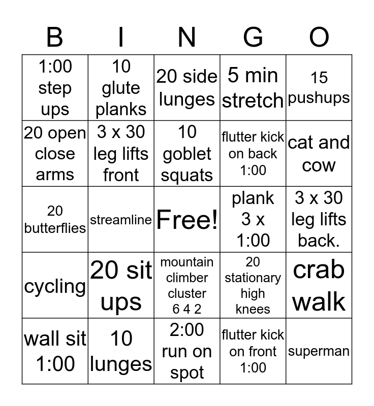 fitness bingo Card