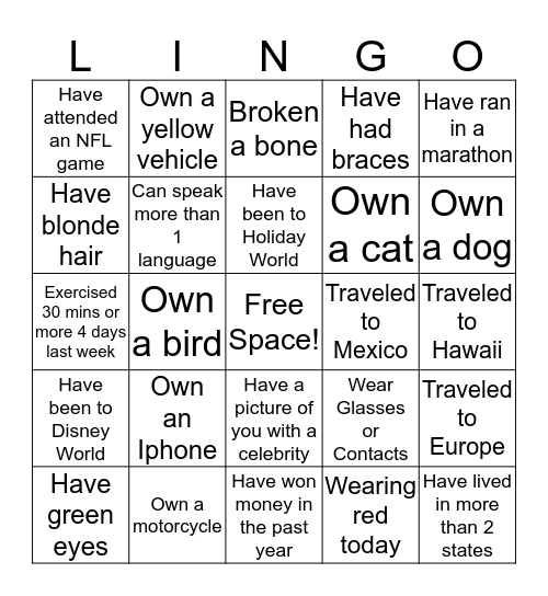 Lingo Bingo Card