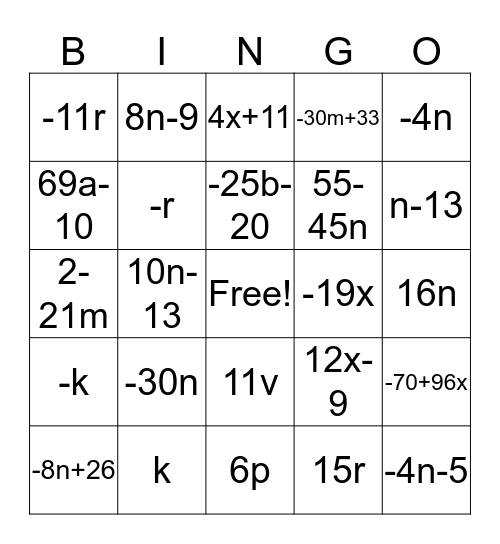 Combining Like Terms Bingo Card