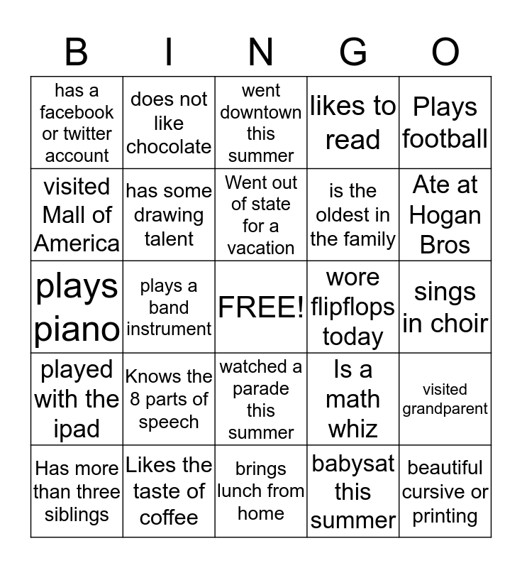 Get to Know Seventh Grade Bingo Card