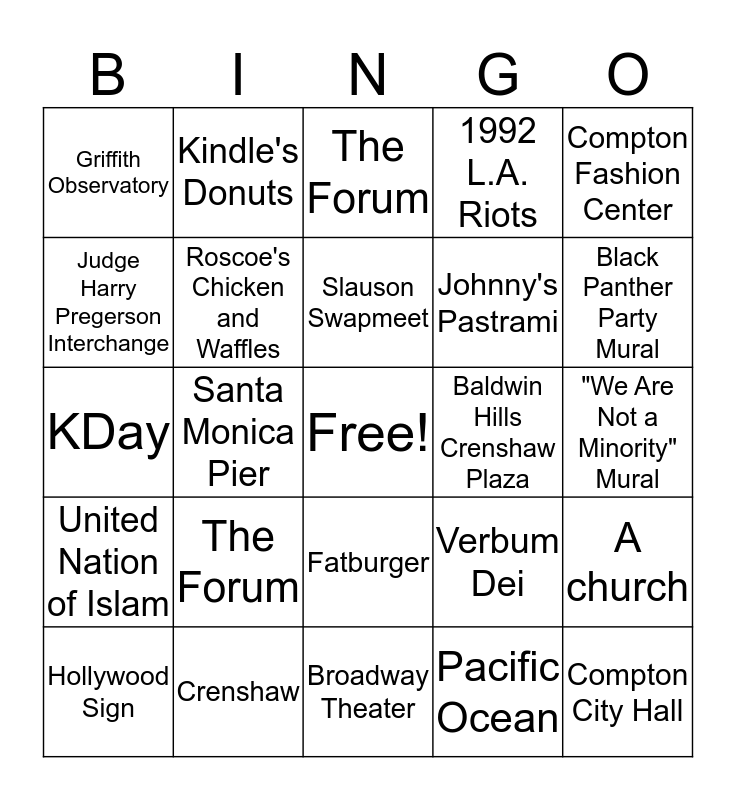 To Live and Die in L.A. Bingo Card