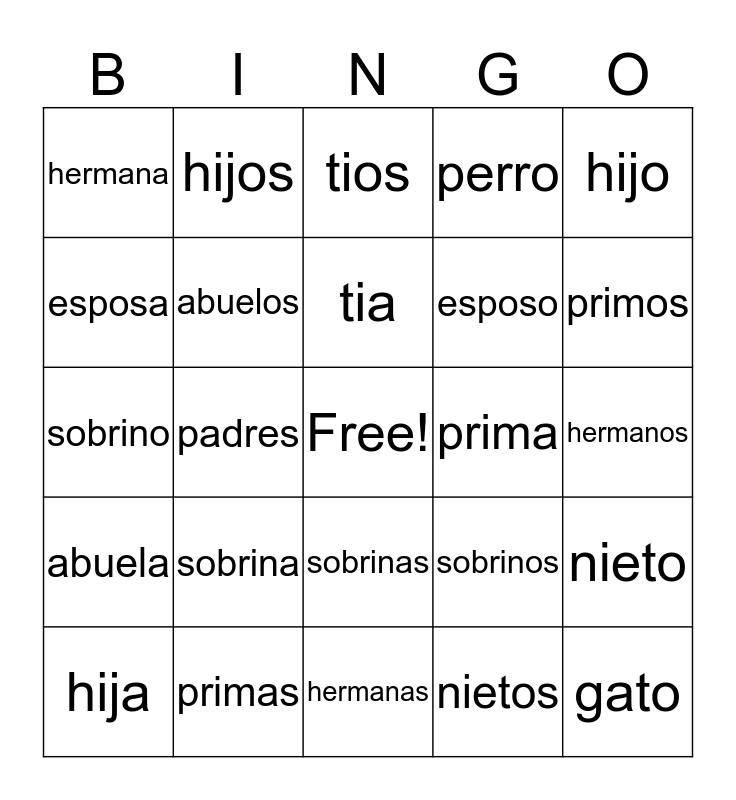 LA FAMILIA Bingo Card