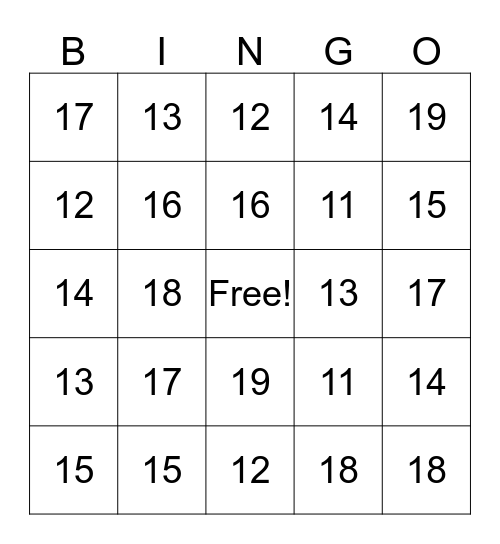 TEEN NUMBERS Bingo Card