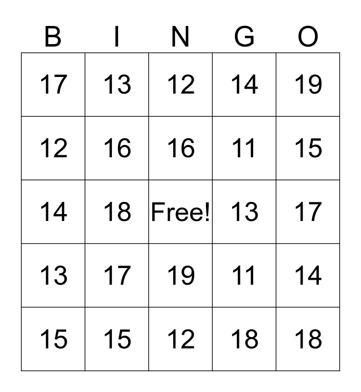 TEEN NUMBERS Bingo Card
