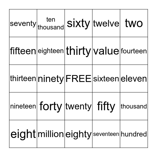 Number Words Bingo Card