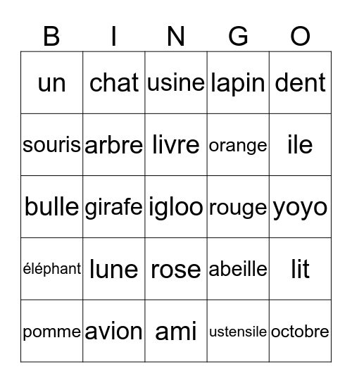 Les lettres de l'alphabet Bingo Card