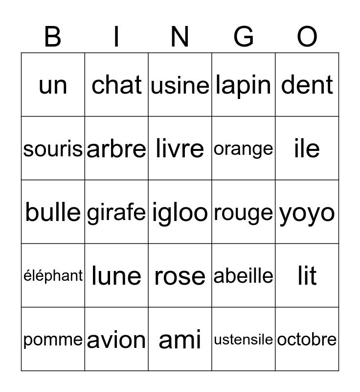 Les lettres de l'alphabet Bingo Card
