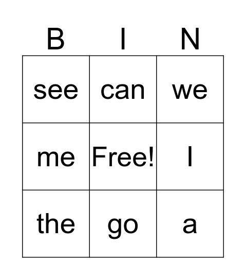 Sight Word Bingo Card