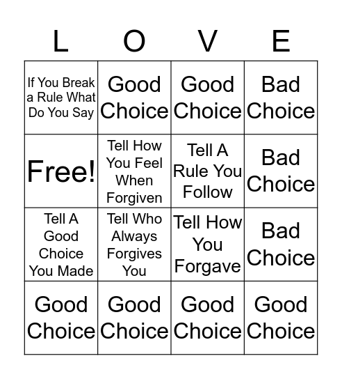 Good Choices/Bad Choices Bingo Card