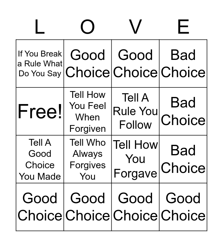 Good Choices/Bad Choices Bingo Card