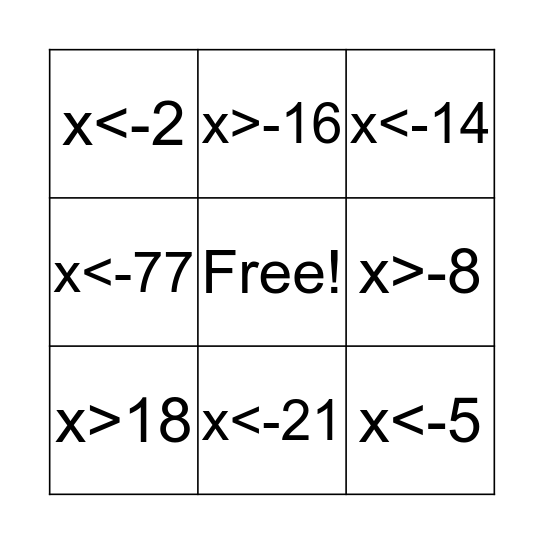 Inequality Bingo Card