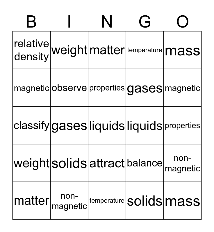 Matter Vocabulary Bingo Card