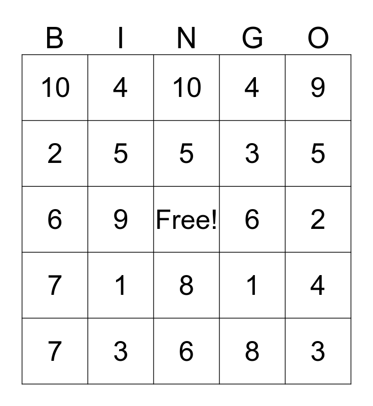 Kindergarten Math Numbers 1 - 10 Bingo Card