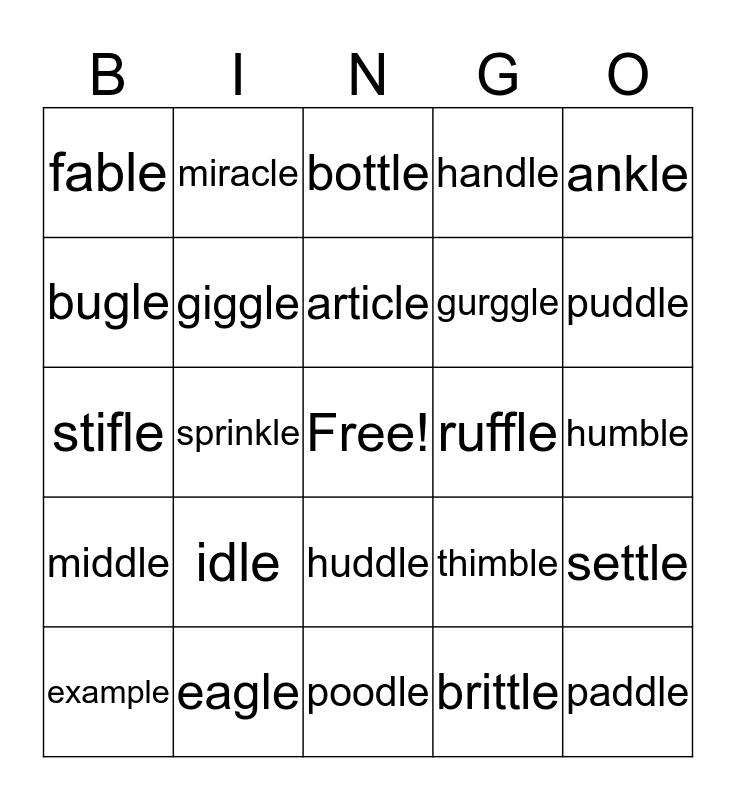 Consonant le words Bingo Card