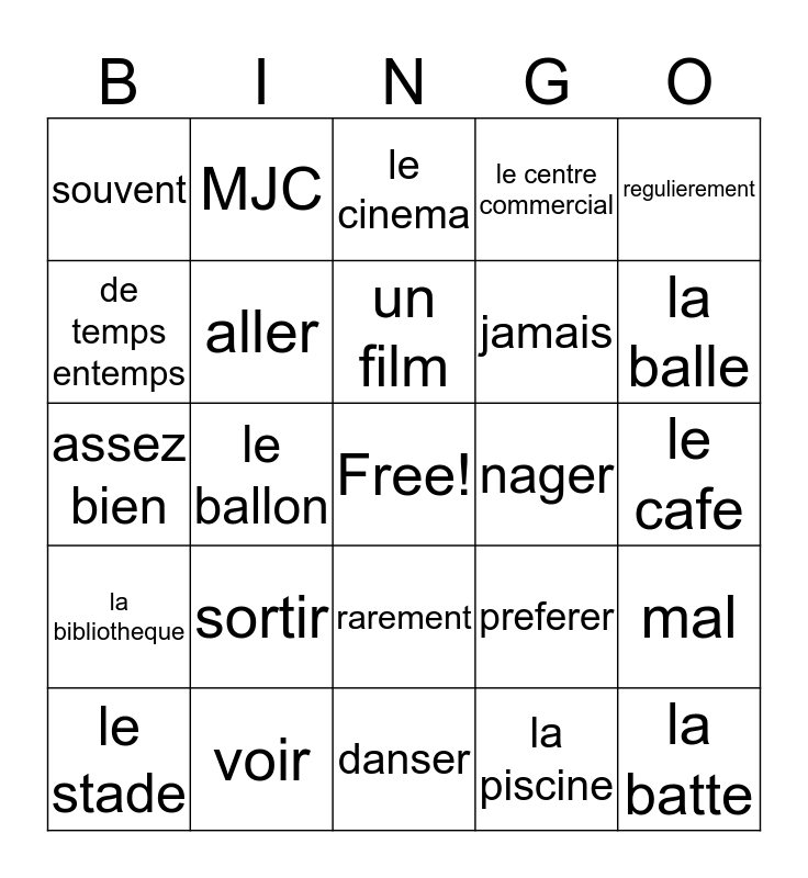 French 1, Chapter 2, Vocabulary 2 Bingo Card