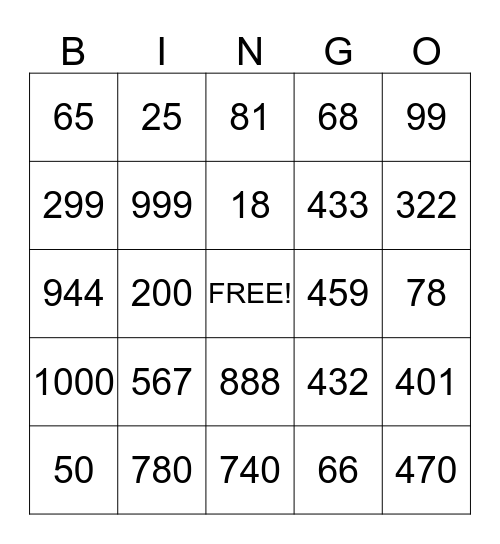 Numbers to 1000 Bingo Card