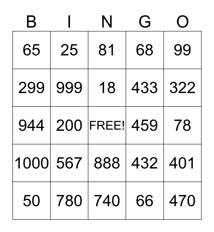 Numbers to 1000 Bingo Card
