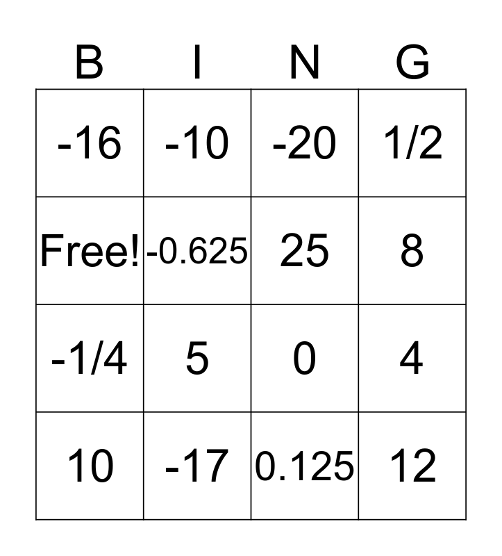 Function Bingo Card