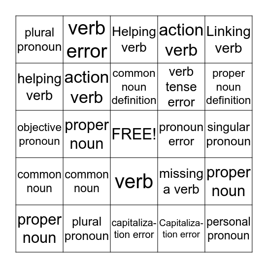 NOUNS AND VERBS BINGO Bingo Card