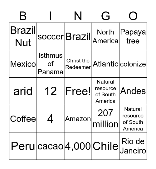 South America Bingo Card
