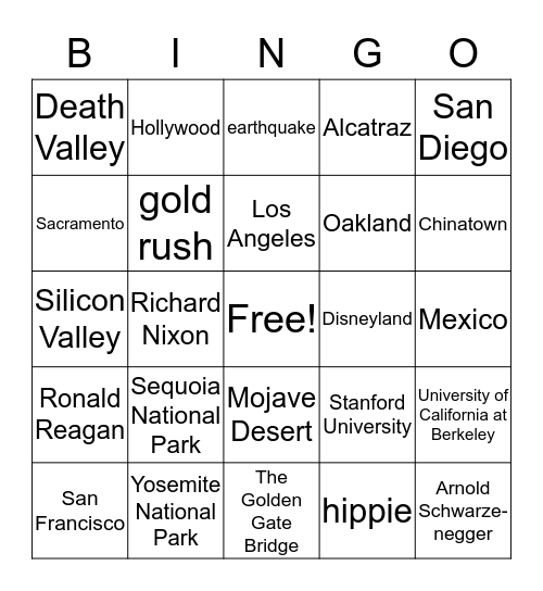 California Bingo Card