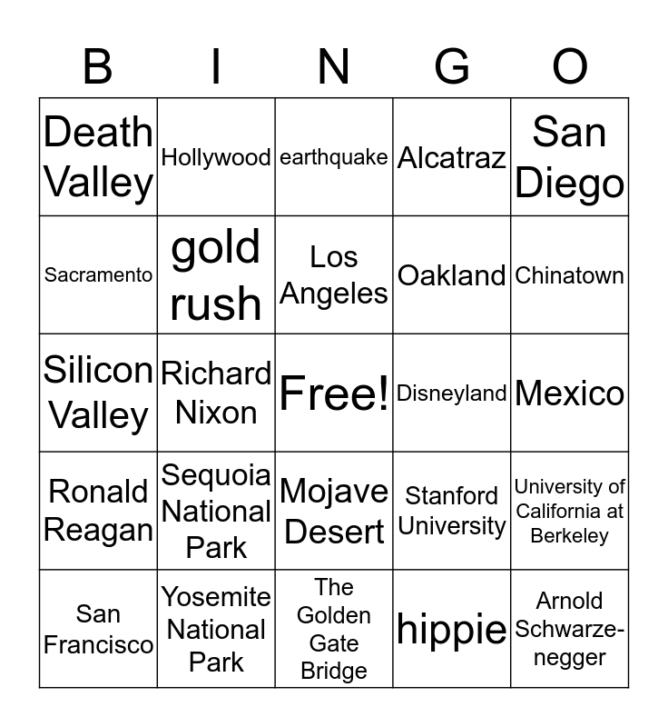 California Bingo Card