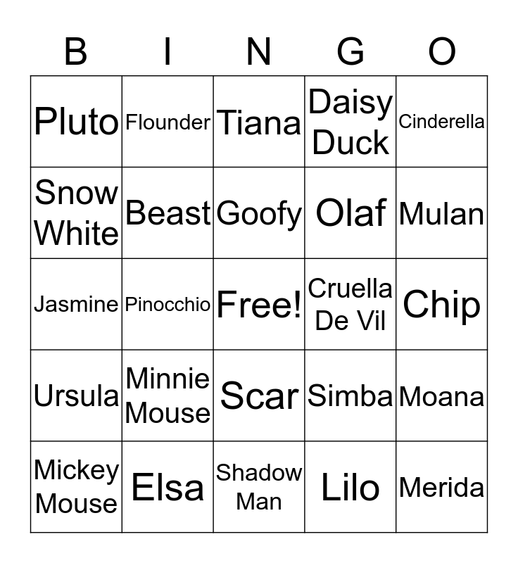 Disney Character Bingo Card