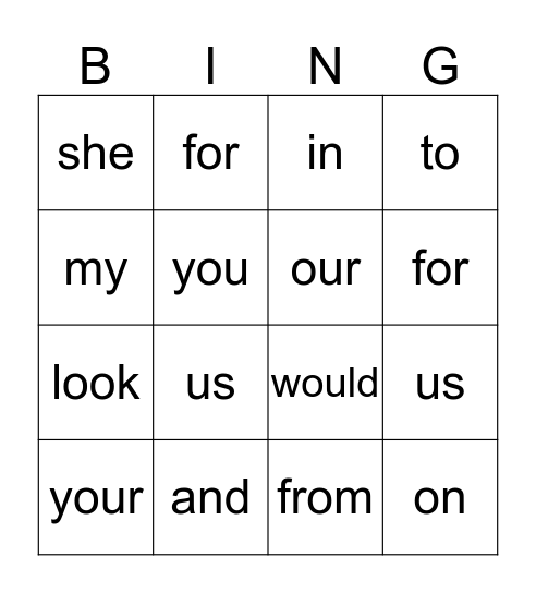 Word Bank Bingo Card