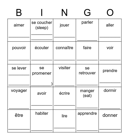 Passé Composé Bingo Card