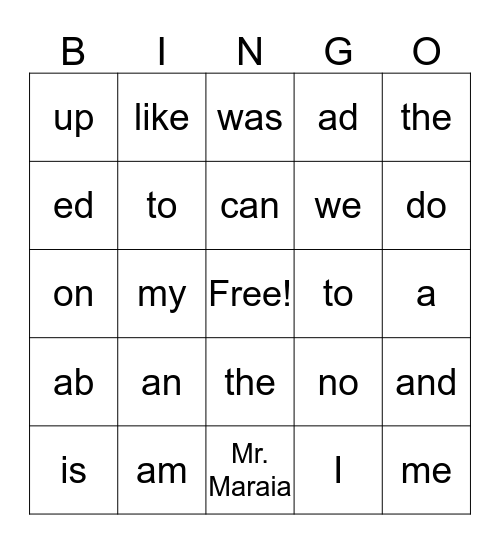 Sight Words Bingo Card