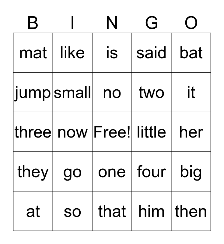 Site Word Bingo Card