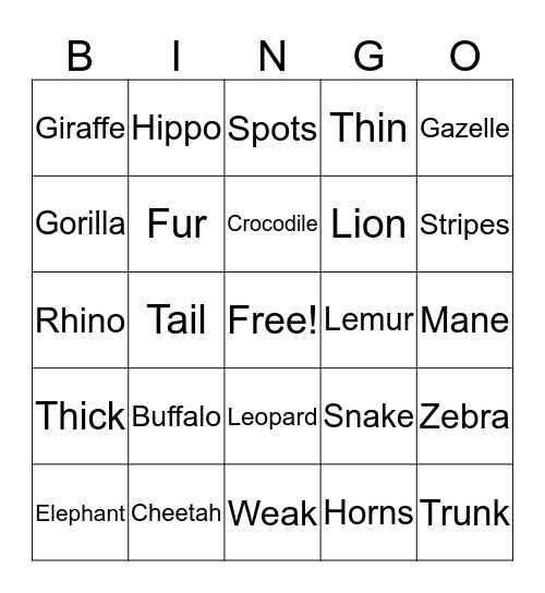 Wild Animals Bingo Card
