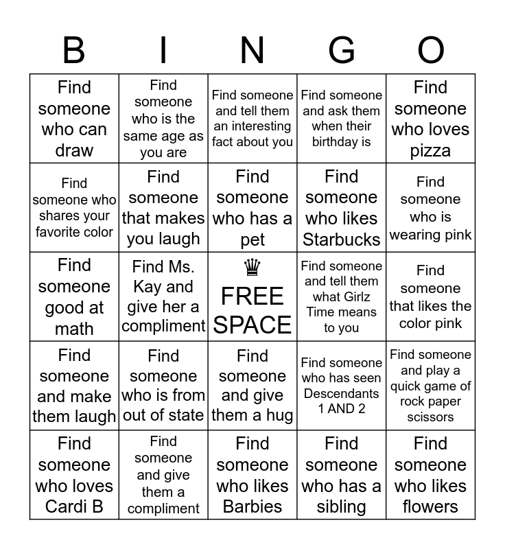 Girlz Time BINGO - Ms. Kay Bingo Card