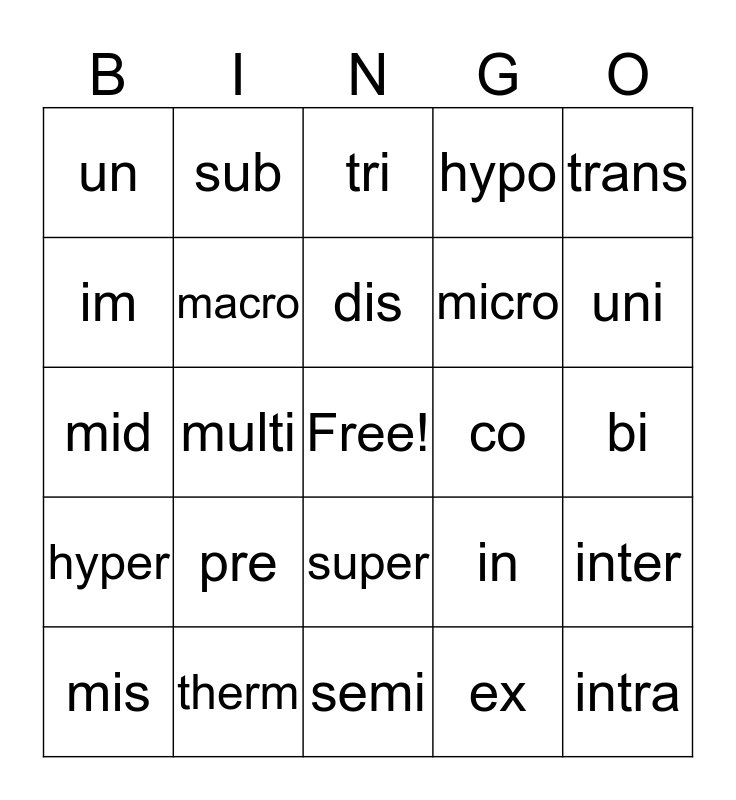 Prefix Bingo Card