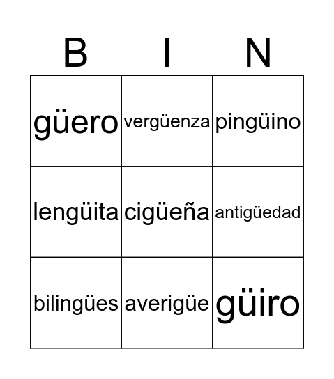 güe, güi Bingo Card
