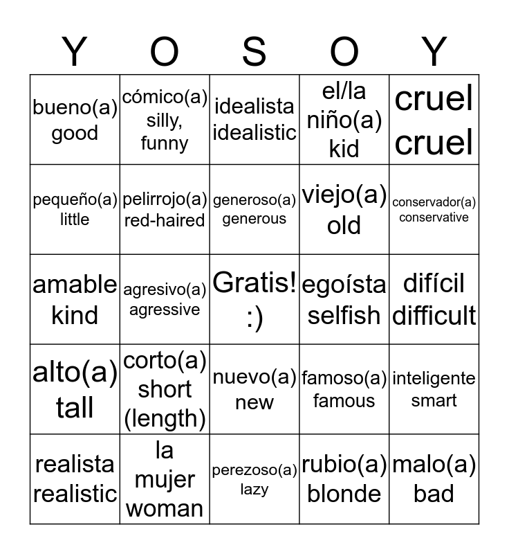 Adjectives in Spanish Bingo Card