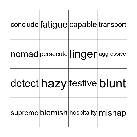 Vocabulary Unit 5 Bingo Card
