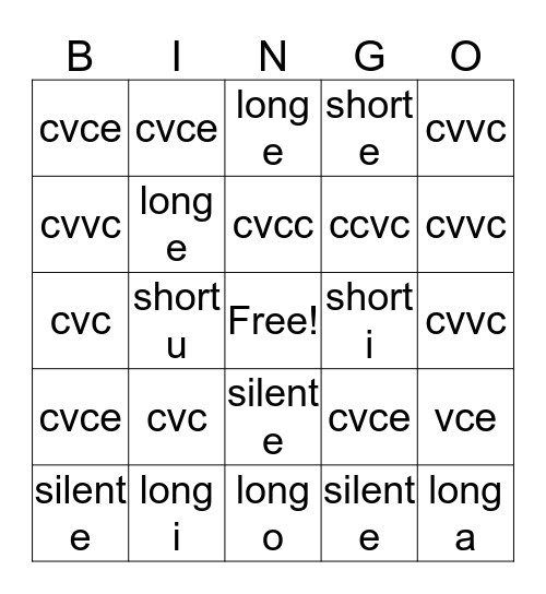 consonant/Vowel patterns Bingo Card
