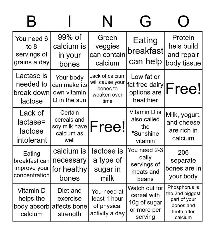 healthy habits Bingo Card