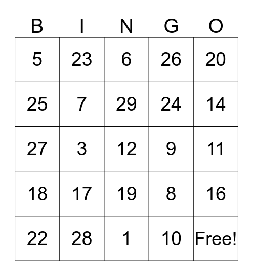 1-30 Bingo Card
