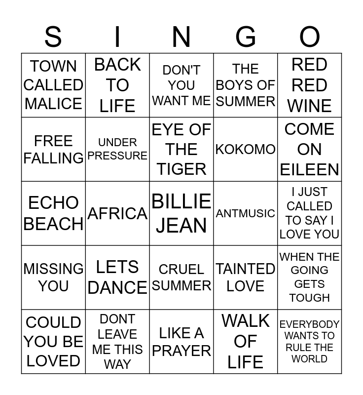 80s HITS UK Bingo Card 80s HITS UK Bingo Card