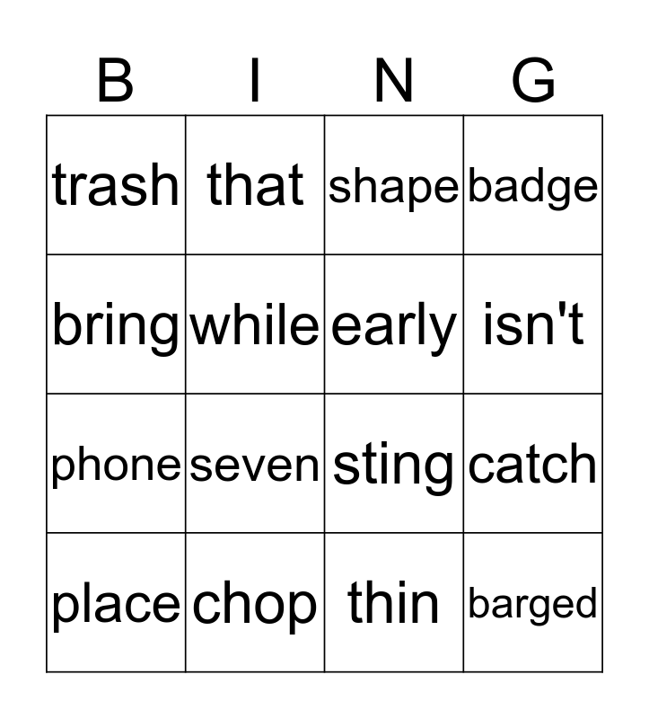 U2-W4 Consonant Digraphs ch, tch, sh, ph, th, ng, wh Bingo Card