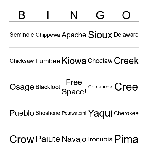 Native American Heritage Bingo Card