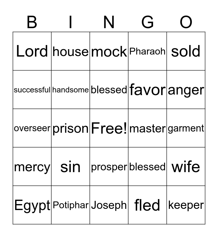 Joseph In Egypt Bingo Card
