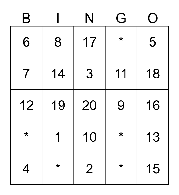 Numbers 1-20 Bingo Card