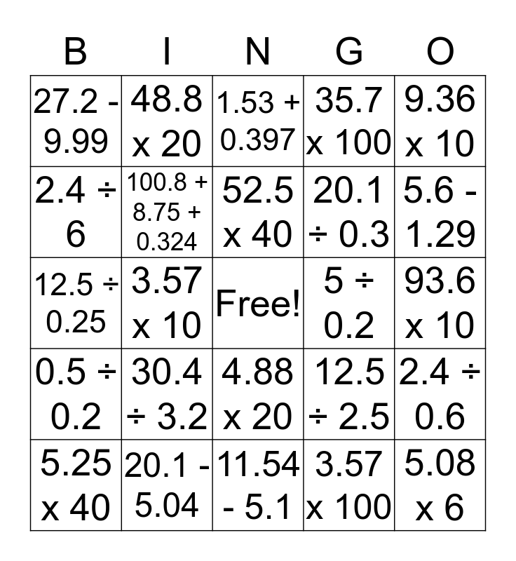Decimal Operation Bingo Card