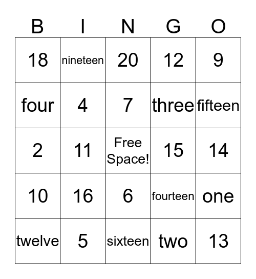 1-20 Numbers Bingo Card