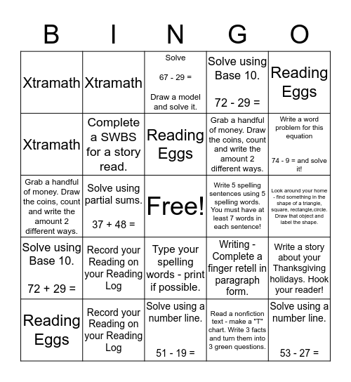 December Bingo Homework Bingo Card