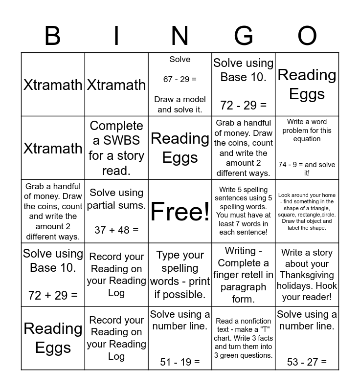 December Bingo Homework Bingo Card